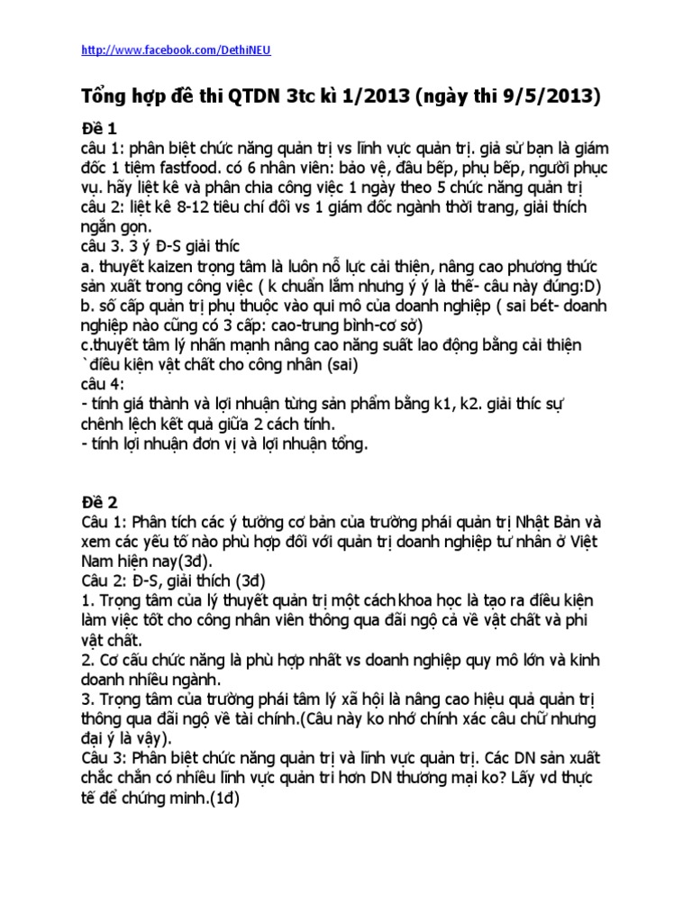 Tổng hợp đề thi QTDN 3tc kì 1 năm 2013 | PDF