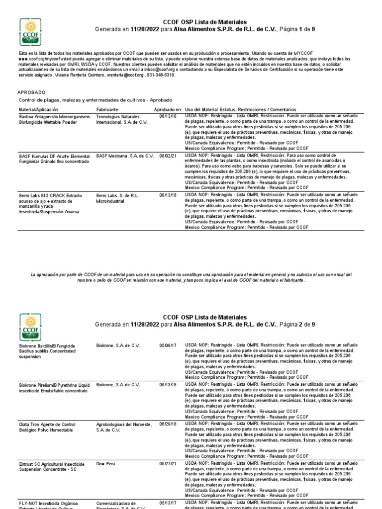 CCOF ClientSupplementInputs OSP - Materials List Mx085 | PDF
