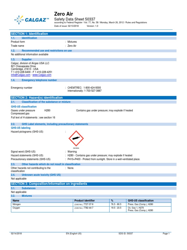 Calgaz - Zero Air - 50337 - SDS | PDF