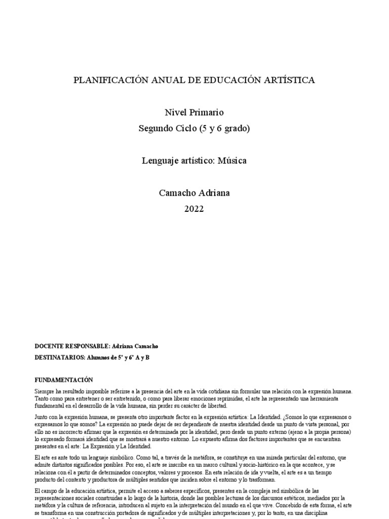 Planificación Anual de Educación Artística | PDF
