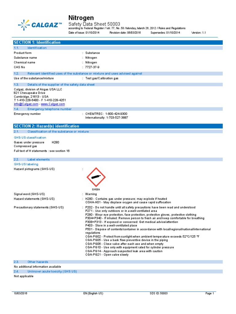 Calgaz Nitrogen 50003 SDS | PDF