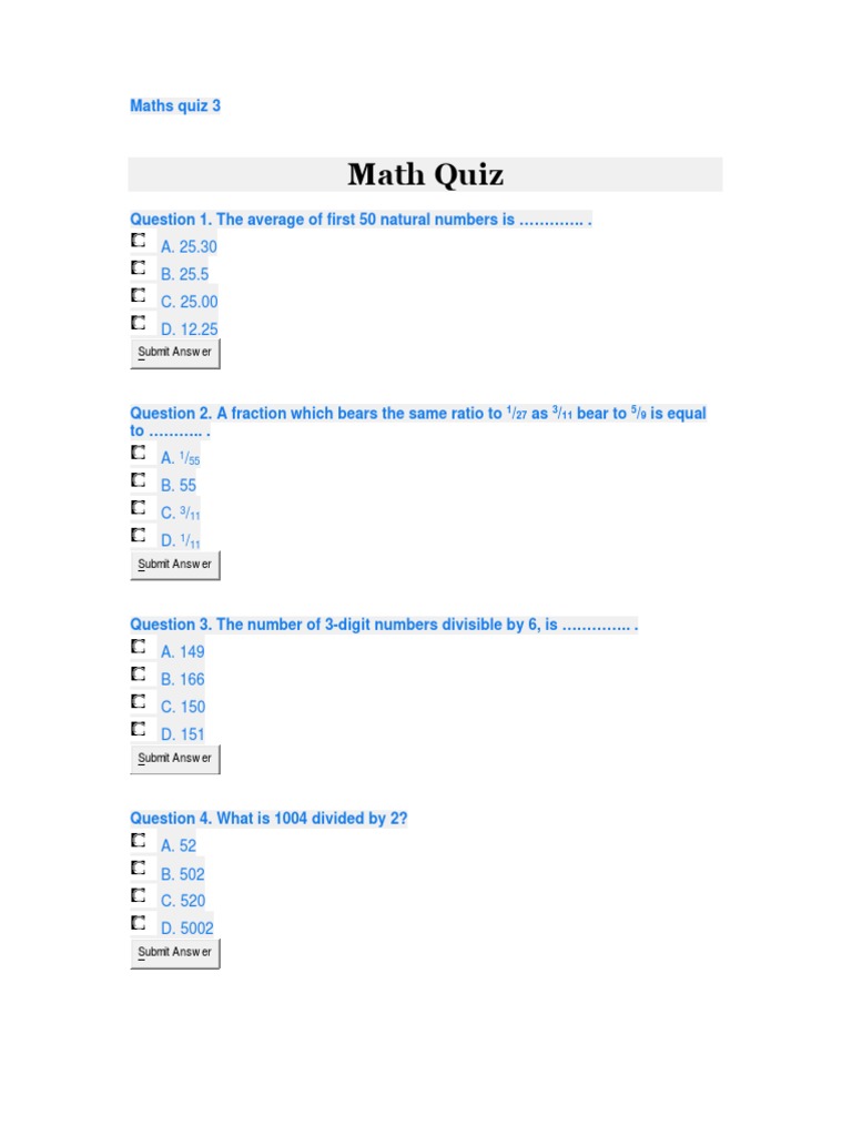 Maths Quiz 3 | PDF
