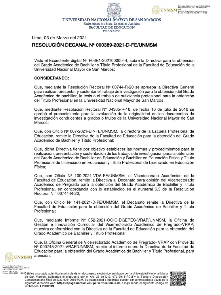 RD 000389 2021 D Fe Directiva Grados y Titulos Ultimo | PDF
