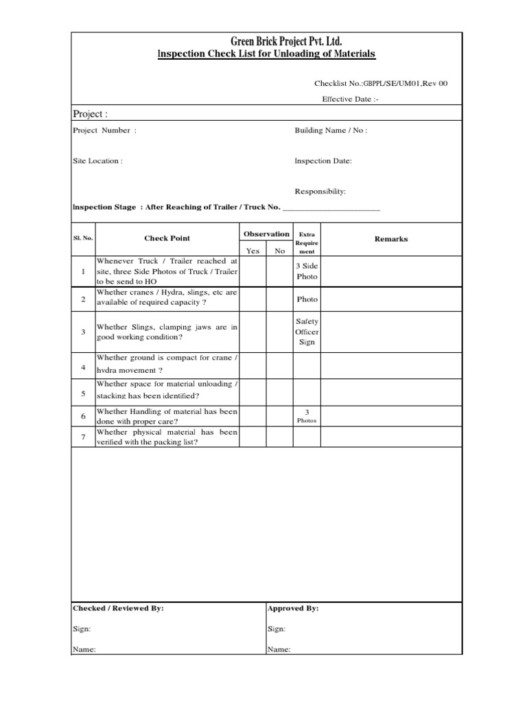 Checklist - Unloading of Material | PDF