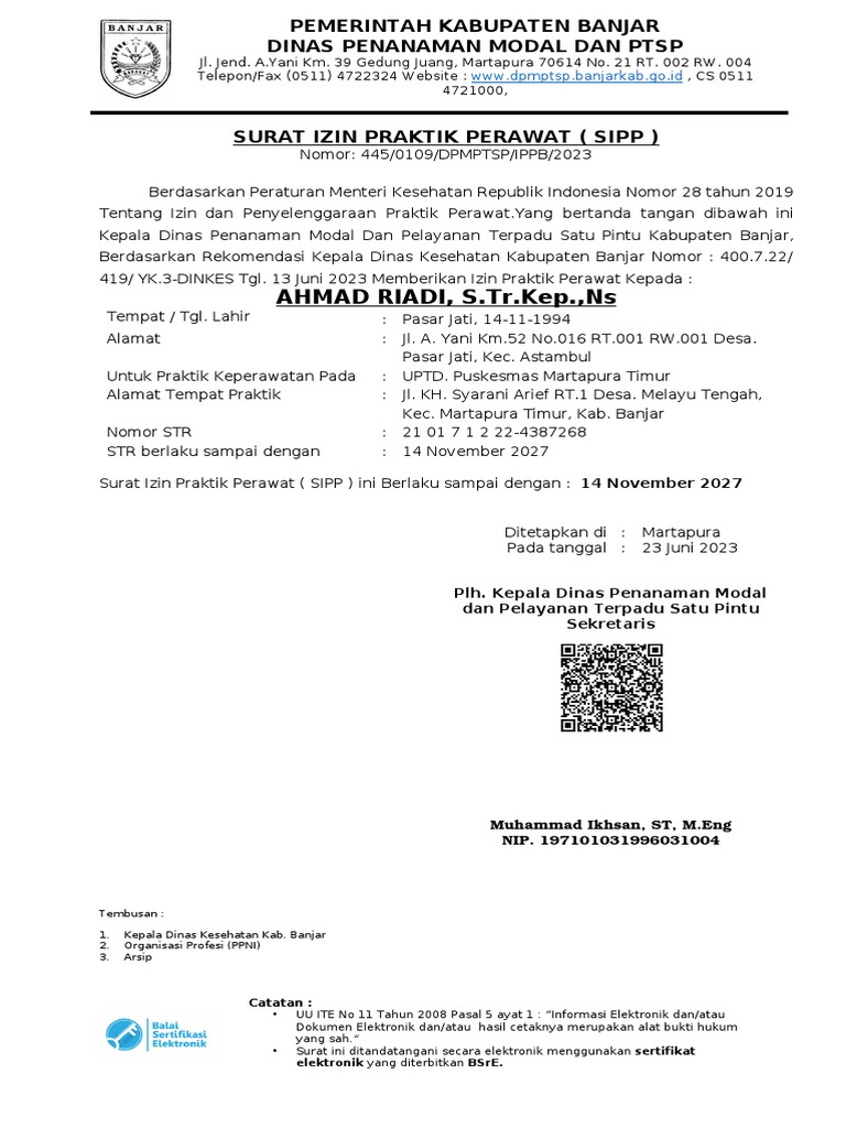 SK Izin Signed - 0072 - Ipp-B - VI - 2023 - Ahmad Riadi, S.TR - Kep | PDF