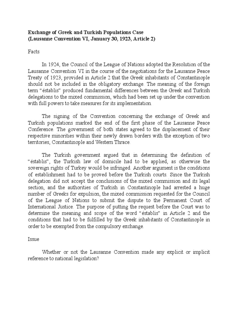 Exchange of Greek and Turkish Populations Case (Lausanne Convention VI ...