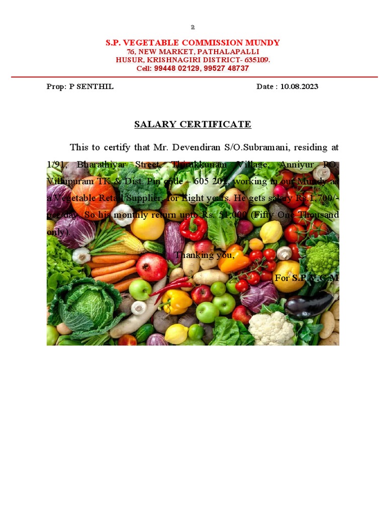 Salary Certificate for Vegetable Supplier | PDF