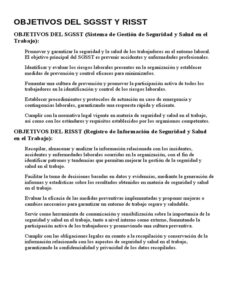 Objetivos Del SGSST y Risst | PDF