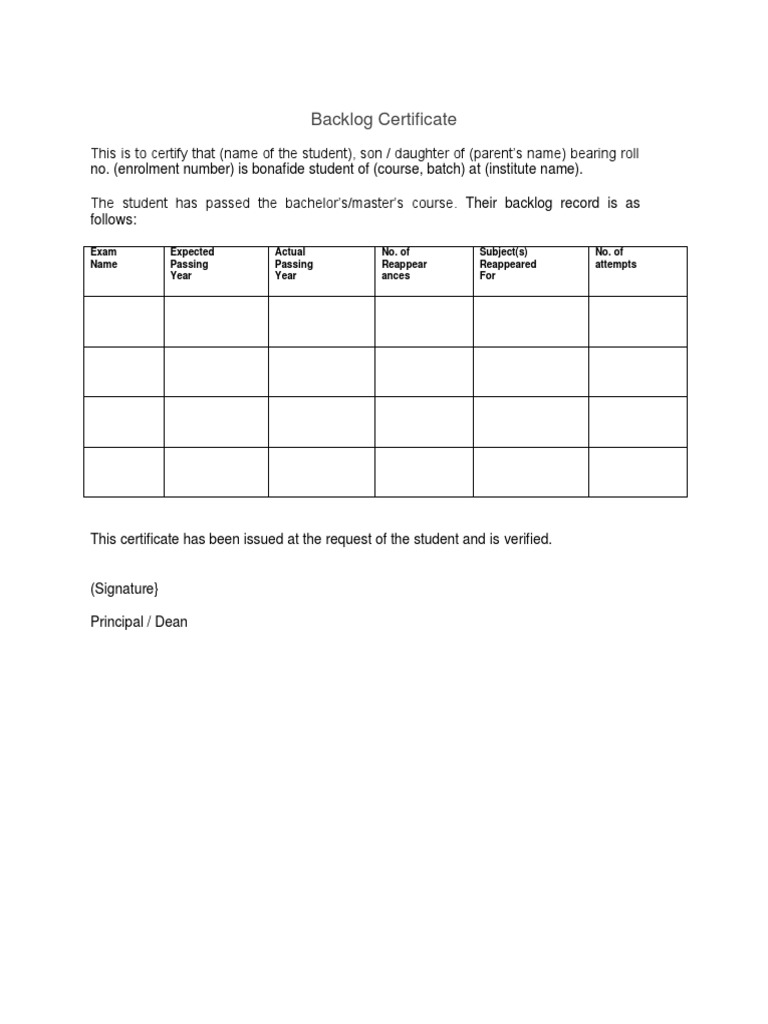 Backlog Certificate Format PDF 31d5853b97 | PDF