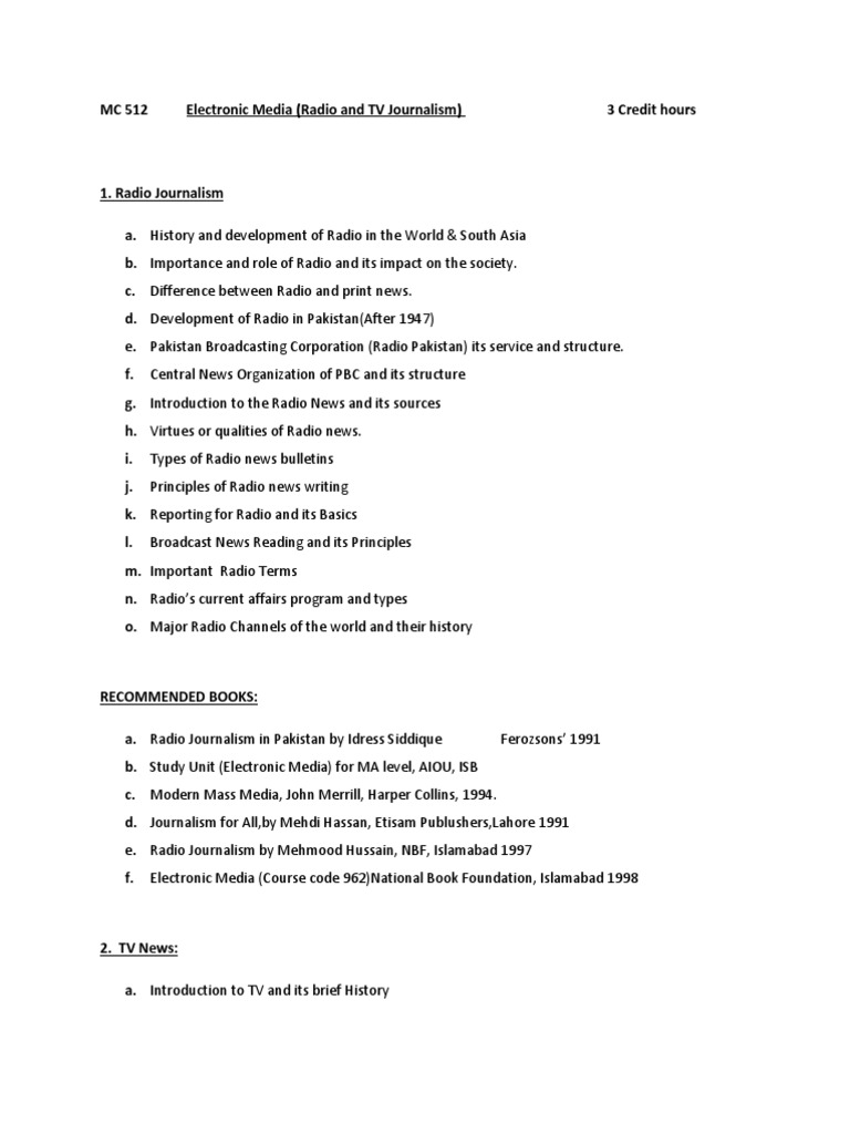 Electronic Media Course Outline | PDF | News | Mass Media