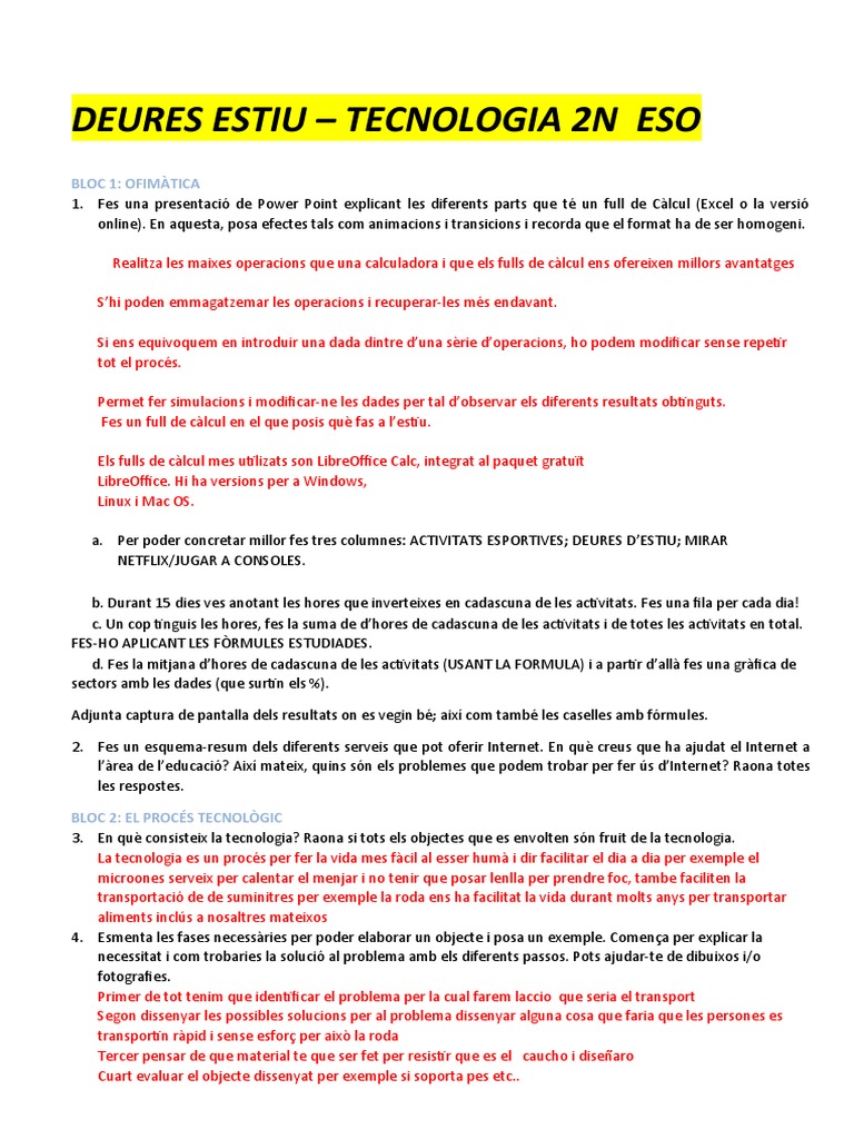 Deures Estiu Tecnologia 2N Eso 2022-2023 | PDF