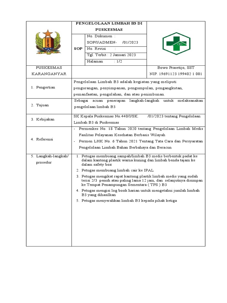 SOP Pengelolaan Limbah B3 Di Puskesmas | PDF