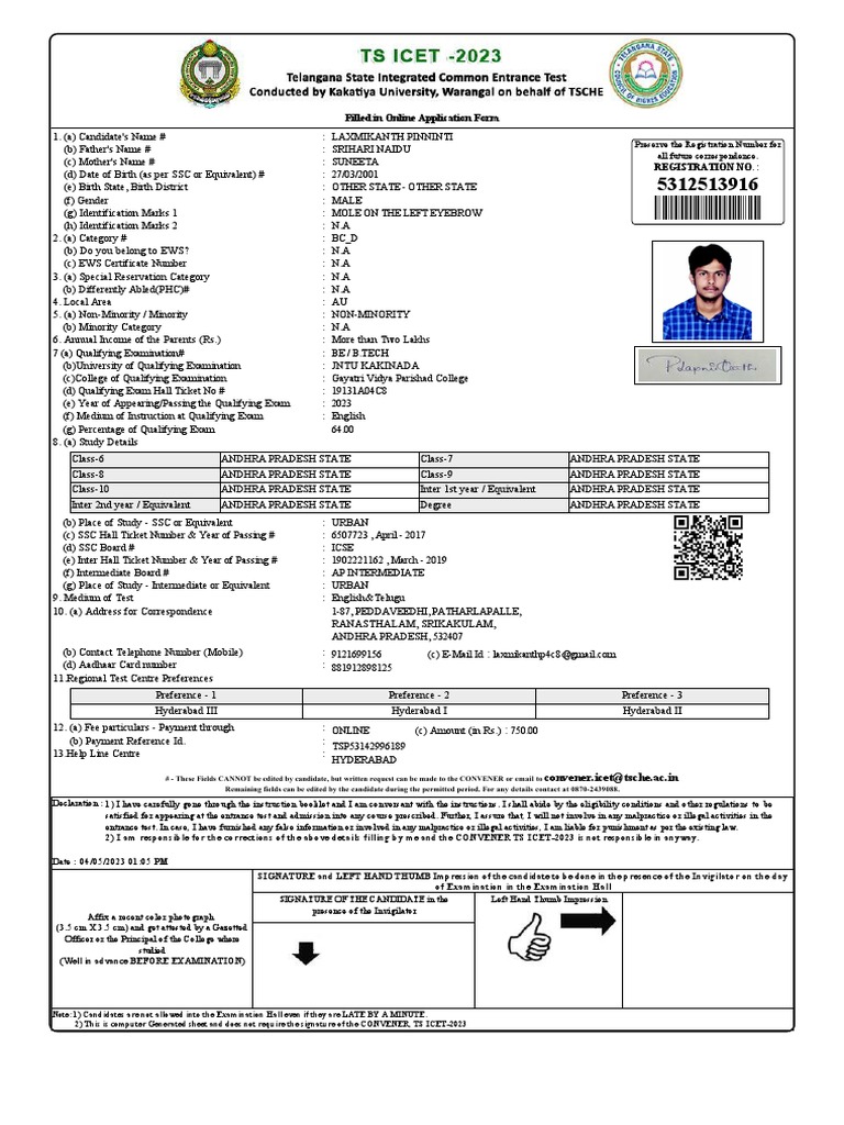Filled in Online Application Form: Be / B.Tech | PDF