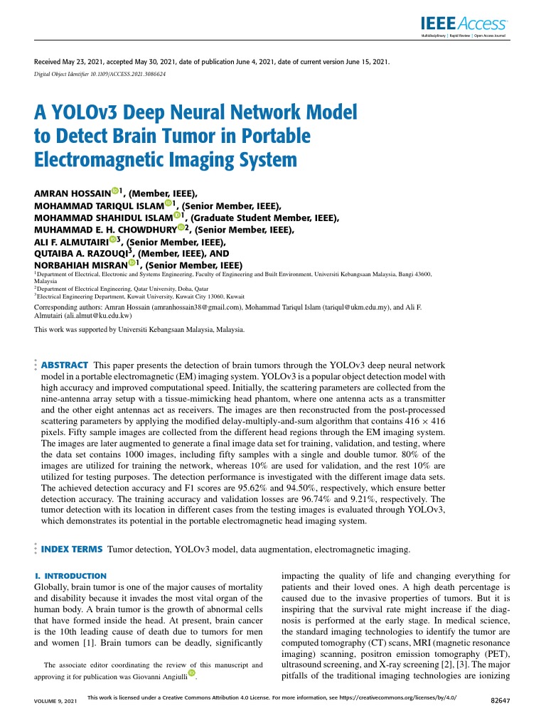 A YOLOv3 Deep Neural Network Model To Detect Brain Tumor in Portable Electromagnetic Imaging ...