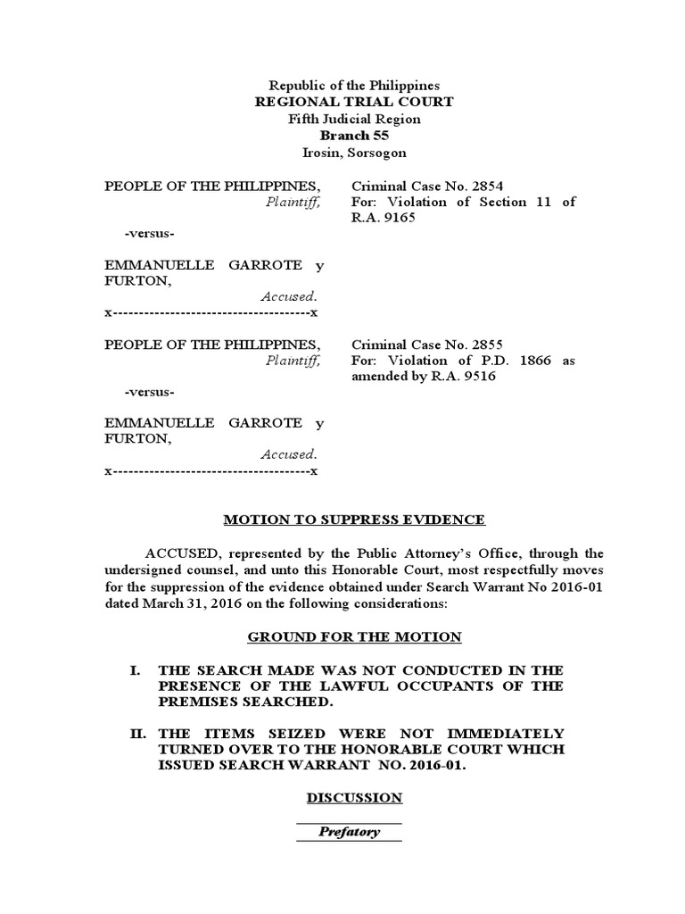 Motion To Suppress Evidence | PDF