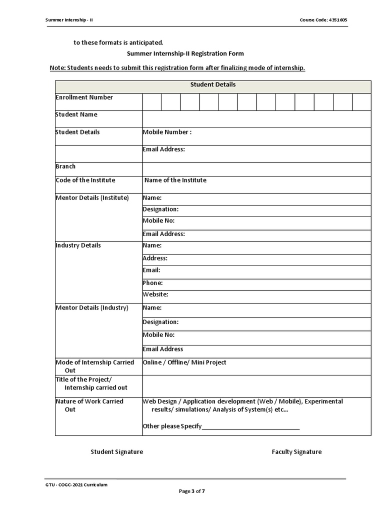Summer Internship-II Registration Form | PDF