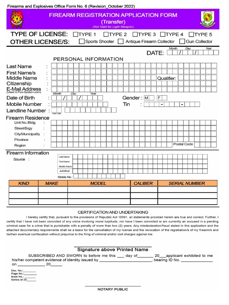 FEO FORM No. 6 Firearm Registration Application Transfer | PDF