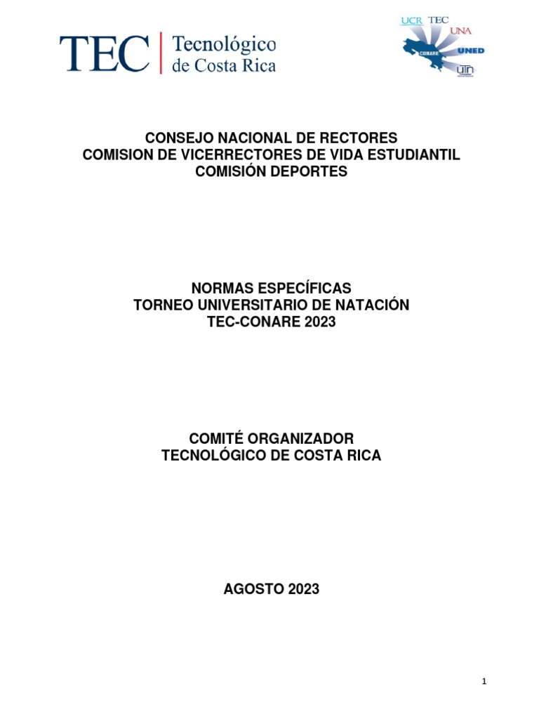 Normas Especificas Torneo Universitario de Natación Tec-Conare 2023 | PDF