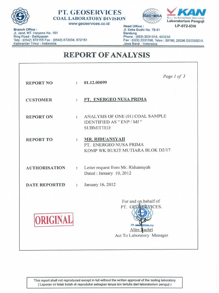 Report Analisis Sample Batubara Muara Jawa | PDF