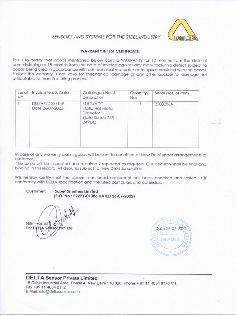 149 Super Smelter Warranty and Test Certificate149 | PDF
