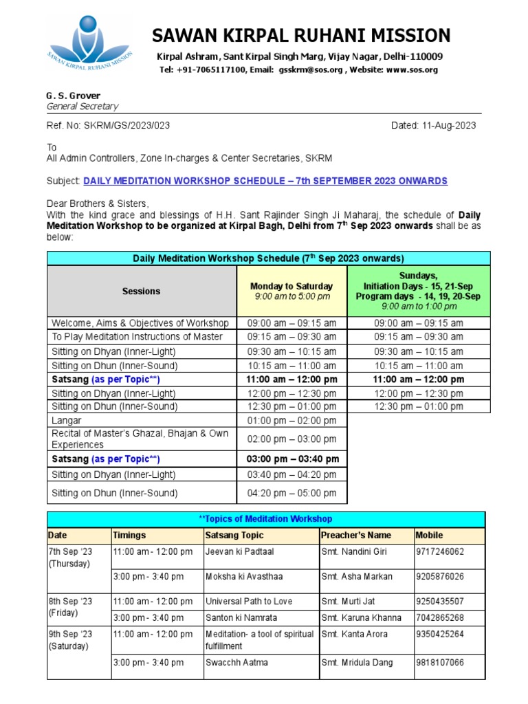 Circular - Daily Meditation Workshop Schedule - 7 Sep 2023 Onwards | PDF