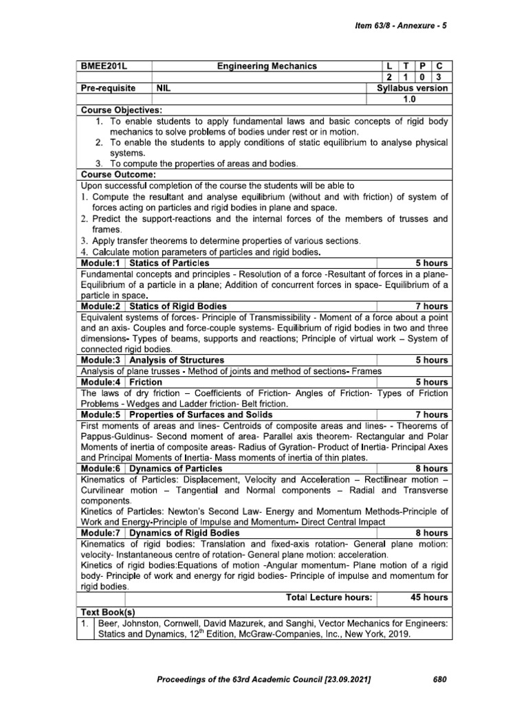 1.bmee201l Engineering-Mechanics TH 1.0 67 Bmee201l 63 Acp | PDF