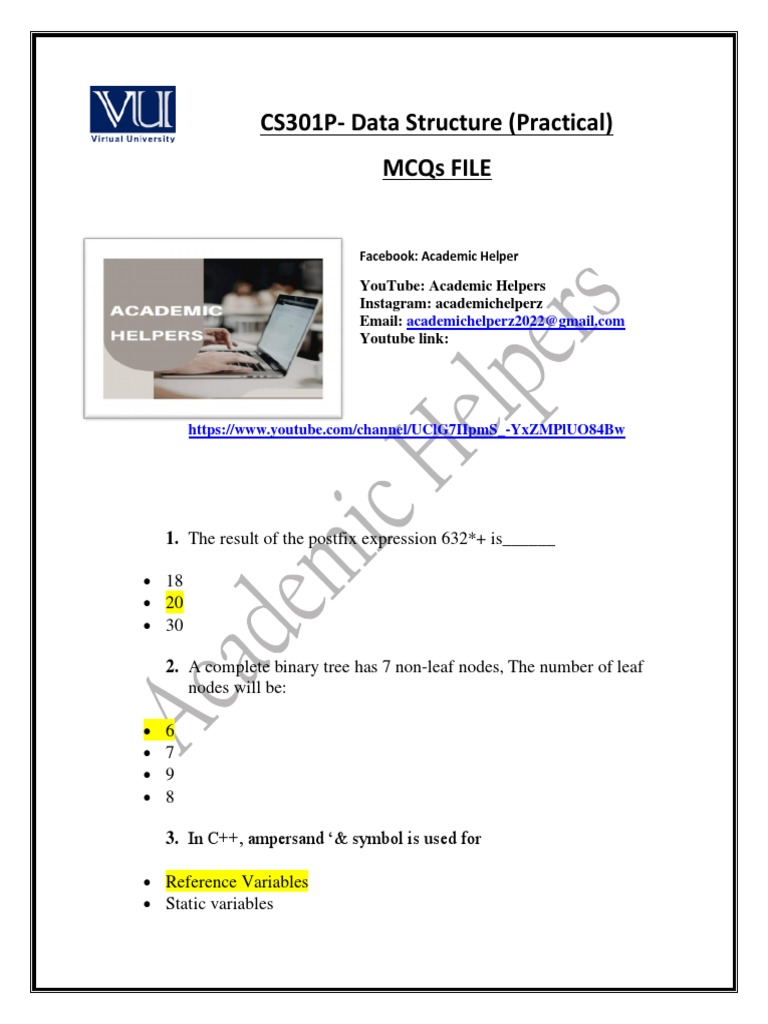CS301p MCQs File by Academic Helpers' With You | PDF