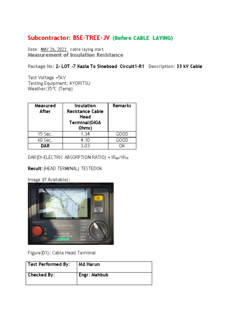 Meggar Test Report_33kV BEFORE LAYING | PDF