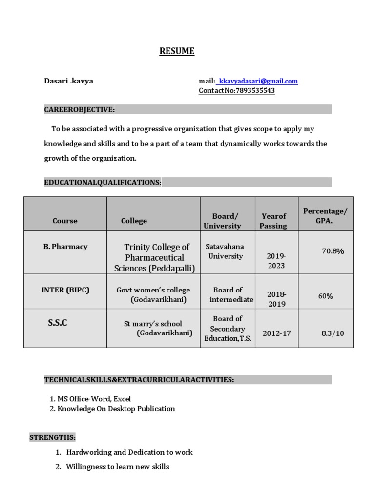 B. Pharmacy Graduate Resume | PDF