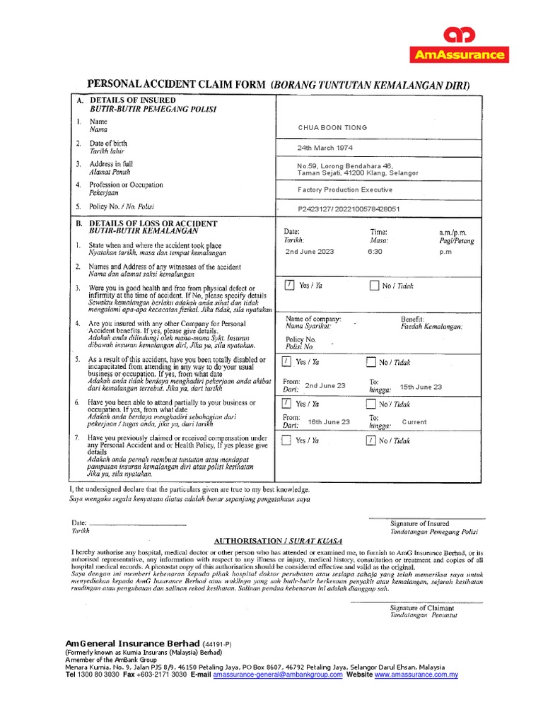 Personal Accident Claim Form | PDF