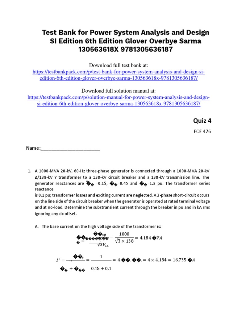 Power System Analysis and Design SI Edition 6th Edition Glover Test ...