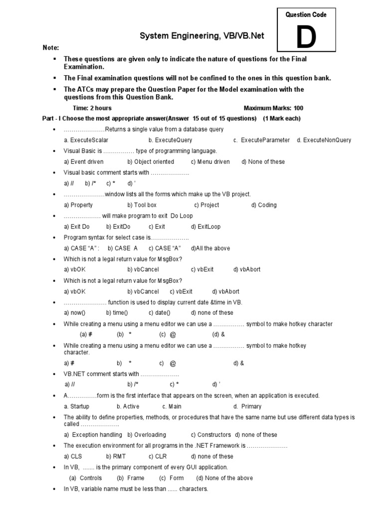 VB & VB.net, System Engineering Model Question Bank | PDF