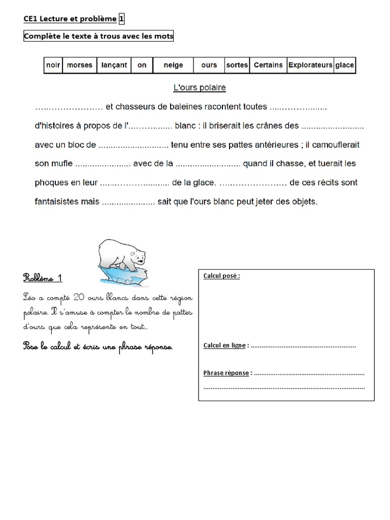 CE1 Lecture À Trous Et Problème | PDF