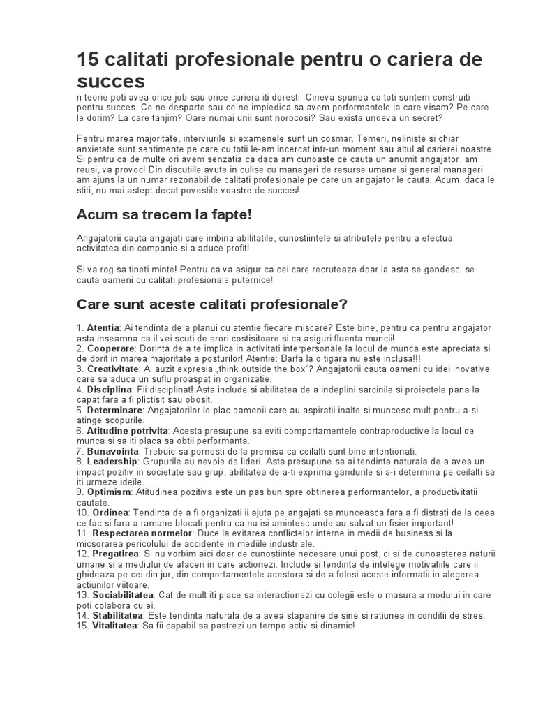 15 calitati profesionale pentru o cariera de succes | PDF