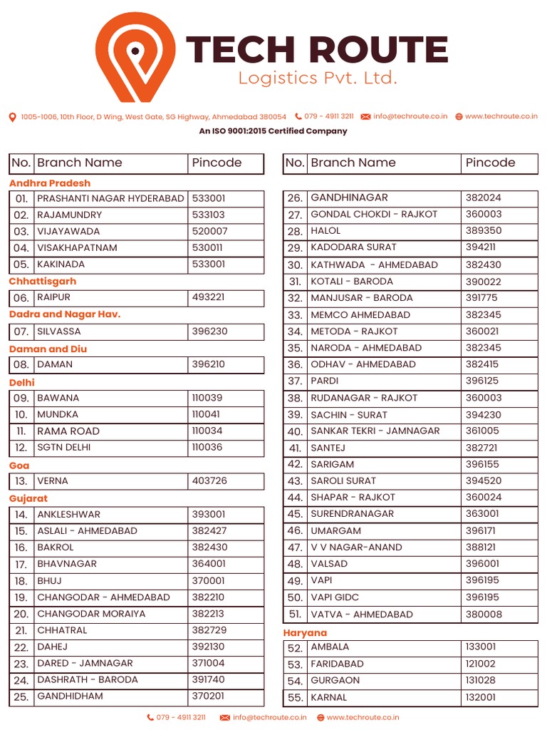 Tech Route Logistics Branch List | PDF
