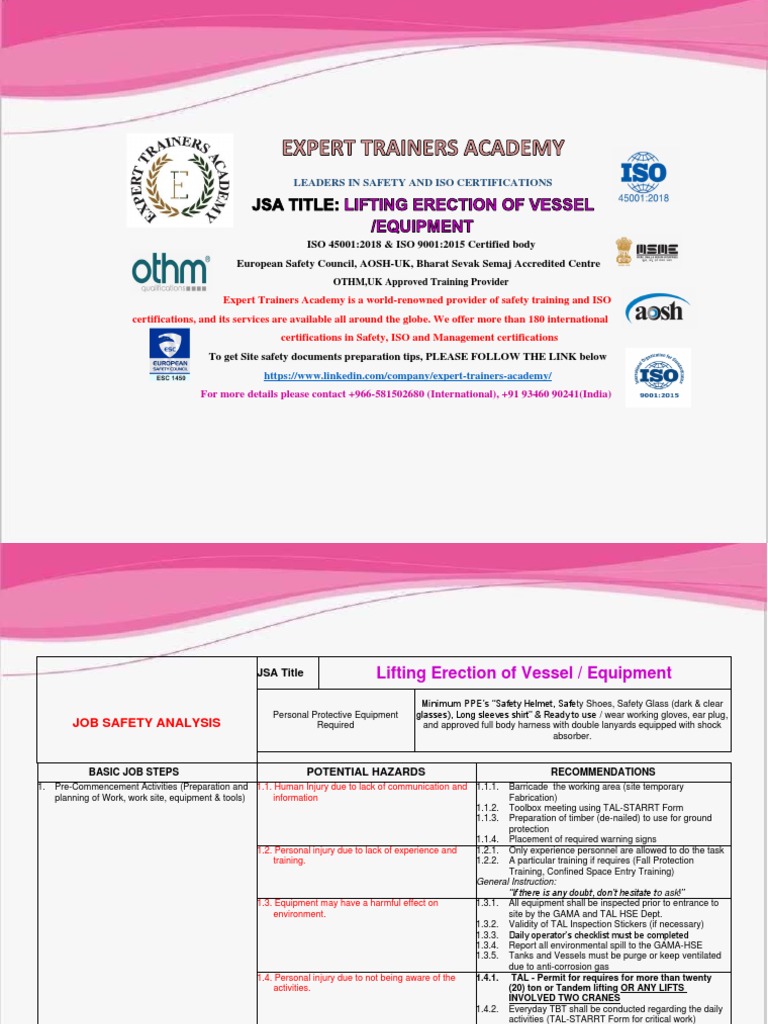 ETA-JSA LIFTING ERECTION OF VESSEL EQUIPMENT | PDF