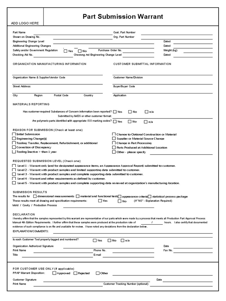 Part Submission Warrant Template | PDF