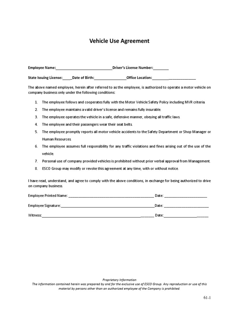 Vehicle Use Agreement | PDF