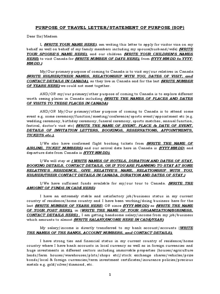 Purpose of Travel for Canada Visa | PDF | Law