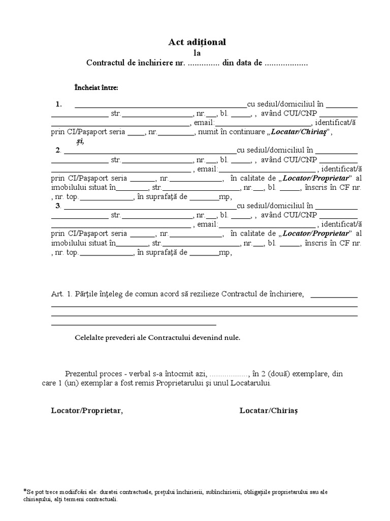 Act Adițional Contract de Închiriere Imobil | PDF