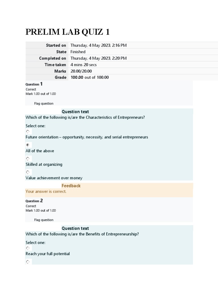 Technopreneurship PRELIM LAB QUIZ 1 | PDF Technopreneurship PRELIM LAB QUIZ 1 | PDF