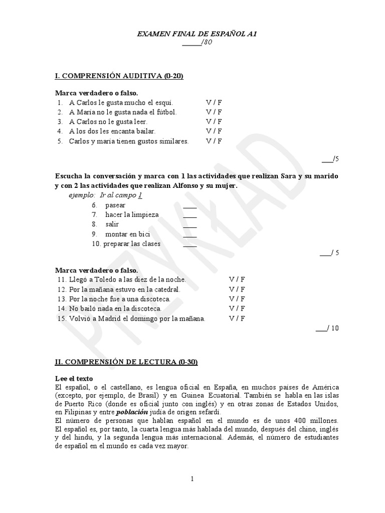 Examen Final de Español A1 | PDF