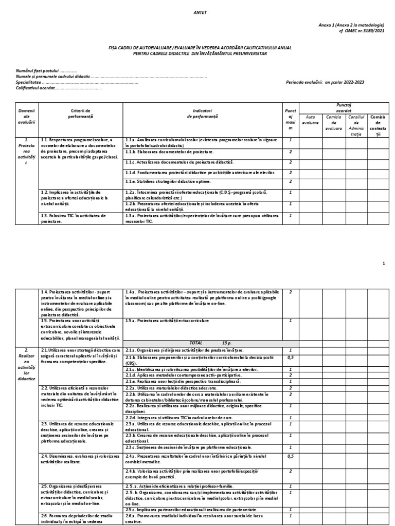 Fisa Cadru de Autoevaluare Evaluare 2022 2023 Model | PDF