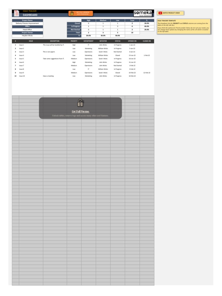 Issue Tracker Someka Excel V8 Free Version | PDF