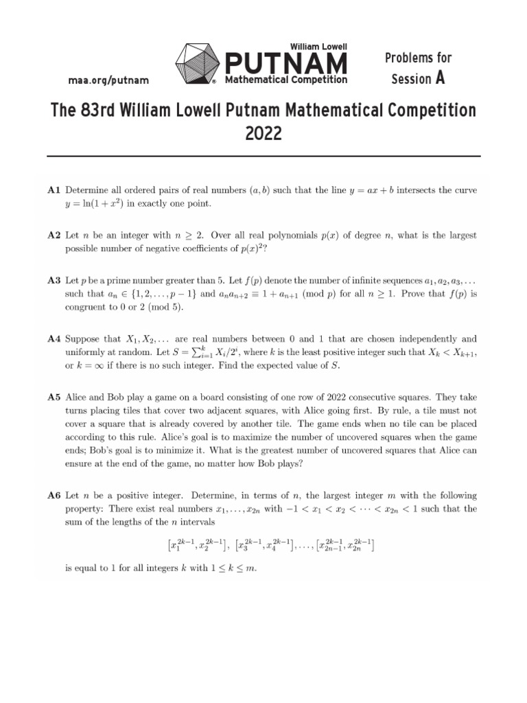 2022 Putnam Problems Session A | PDF