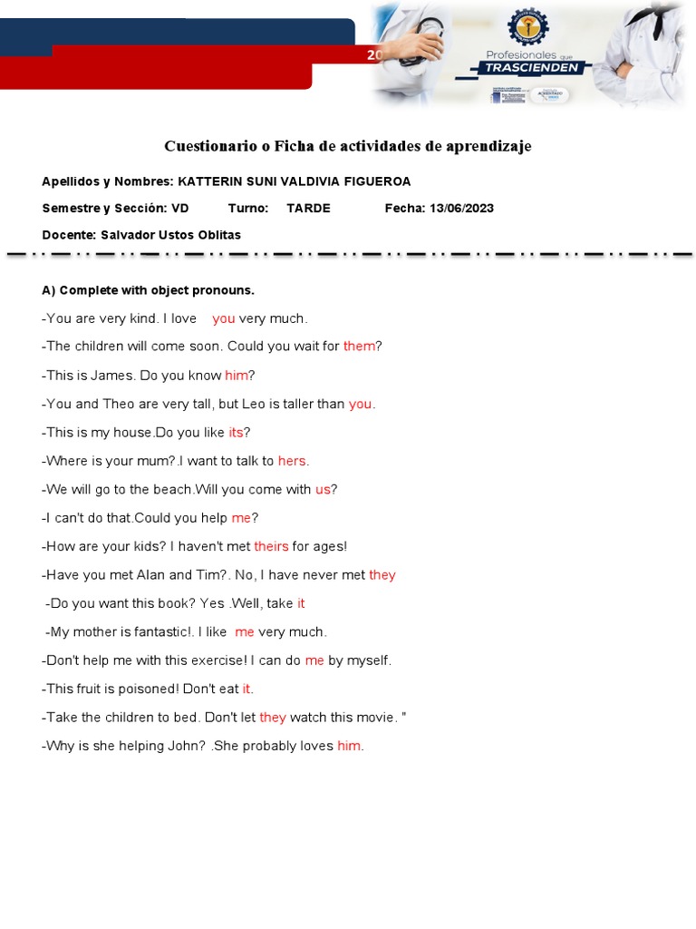 CUESTIONARIO 2021 Ingles II Object Pronouns | PDF | Wellness