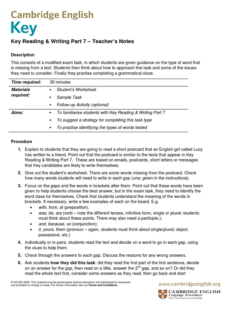Cambridge English Key Ket Reading and Writing Part 7 | PDF