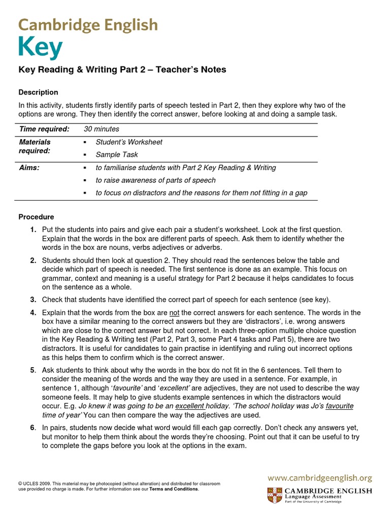 KET Reading & Writing Part 2 Guide | PDF