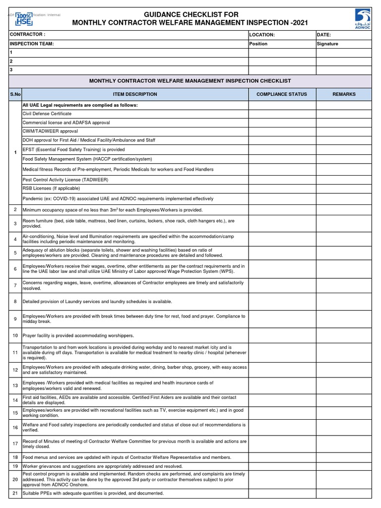 Monthly Contractor Welfare Management Inspection-2021 | PDF