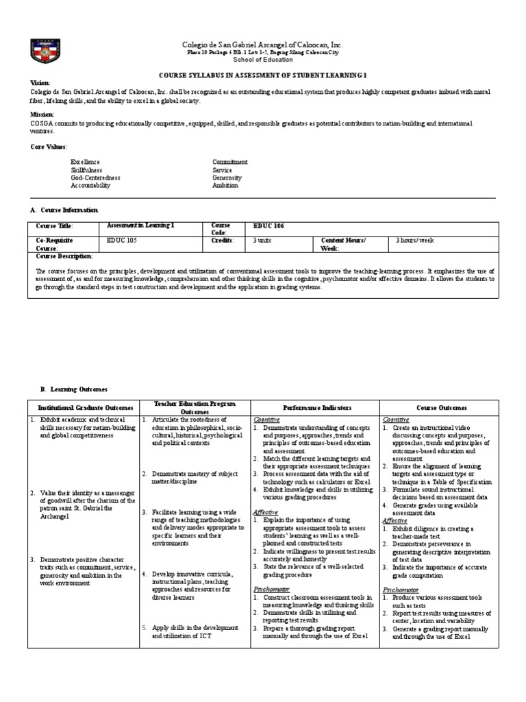Assessment in Learning 1 Syllabus | PDF | Career & Growth